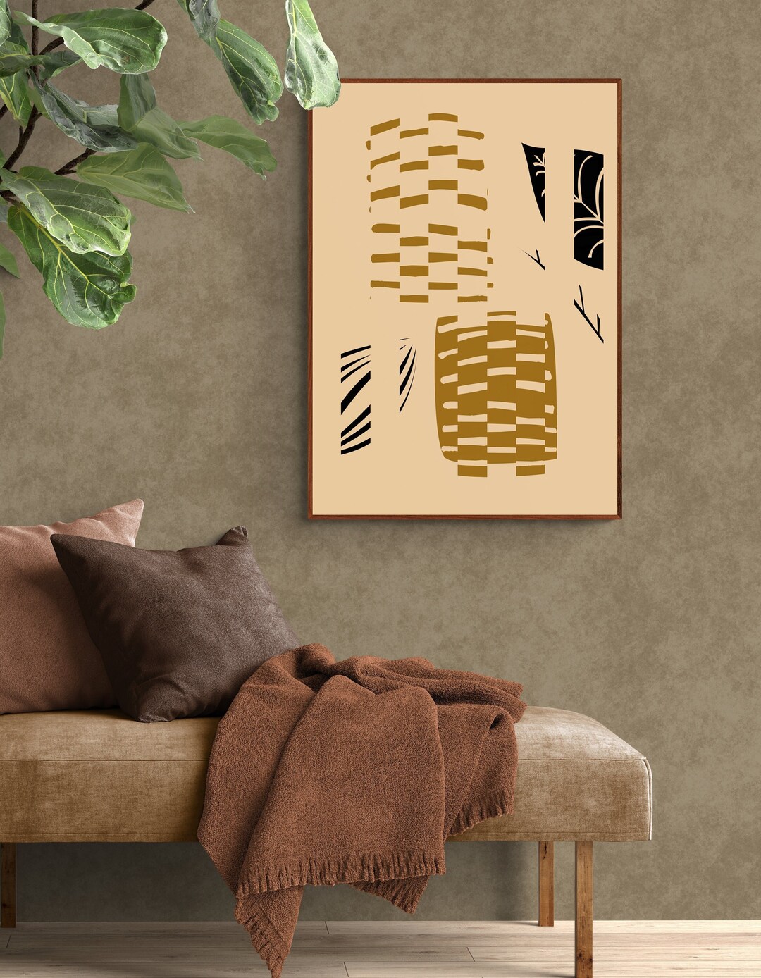 Offset Leaves Poster to Download, Brown Beige Black, Modern Decoration ...