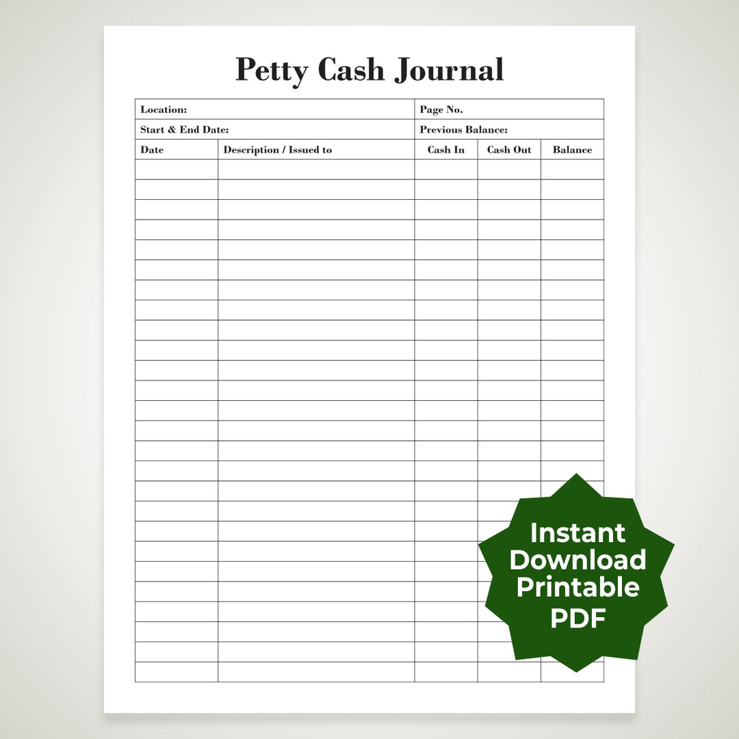 Instant Download Printable Petty Cash Journal - 2 Templates - A4 & US ...