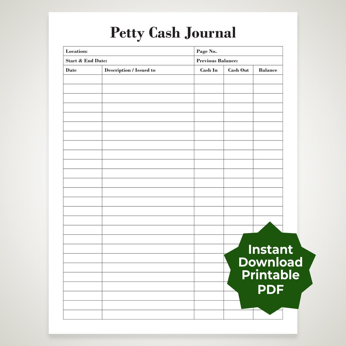 Instant Download Printable Petty Cash Journal - 2 Templates - A4 & US ...