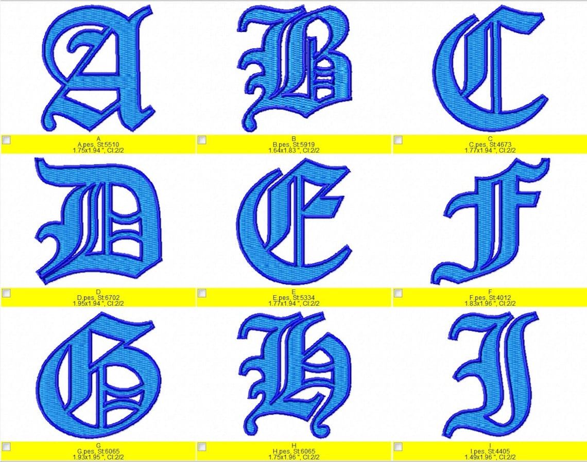 2 Inch Old English Machine Embroidery Font- PES _ Upper Case, Lower ...