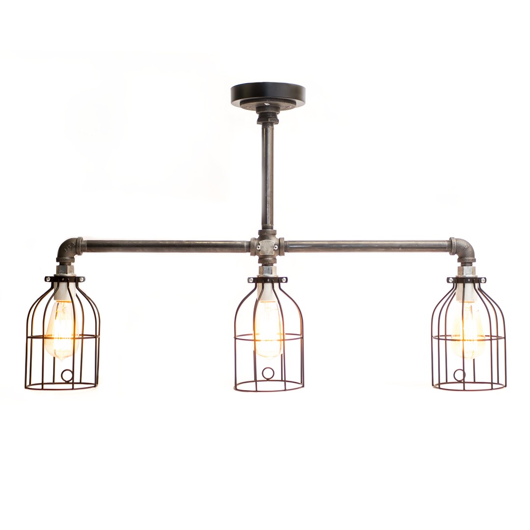 Three Bulb Trident Industrial Pipe Light With Cages and Edison Bulbs ...