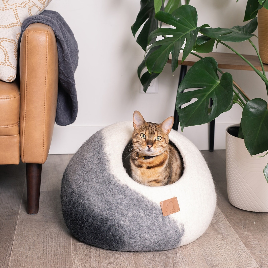 BEST Cat Bed Fade Design Cave Natural Organic Merino Felt Wool Soft ...