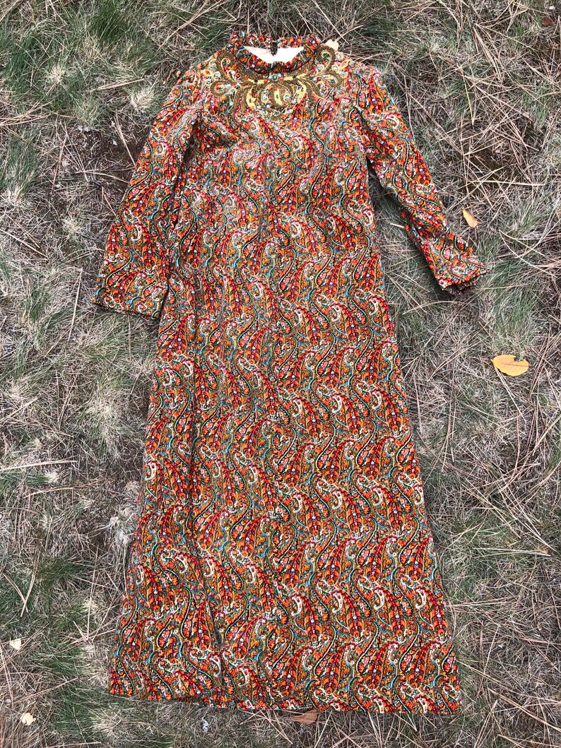 60s Paisley Velvet Gown With Gold Embroidery and Multi Colored Glass ...