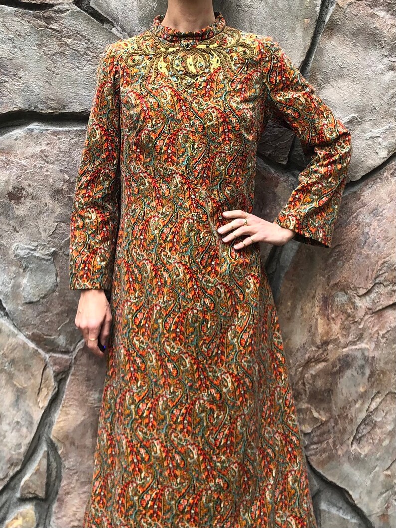 60s Paisley Velvet Gown With Gold Embroidery and Multi Colored Glass ...