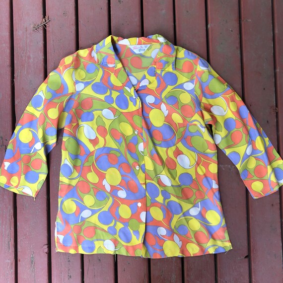 70s Bonnie Day Floral Psychedelic Nylon Button Up Blo… - Gem