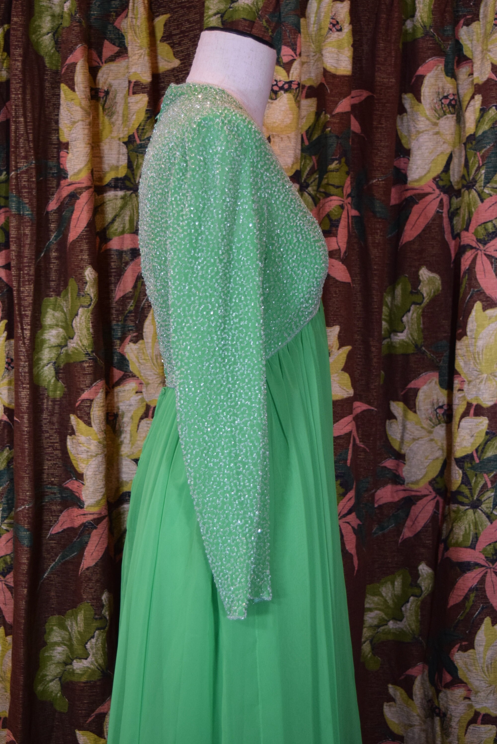 60's Green Chiffon Formal Dress With Beaded Bodice/long Sleeves - Etsy