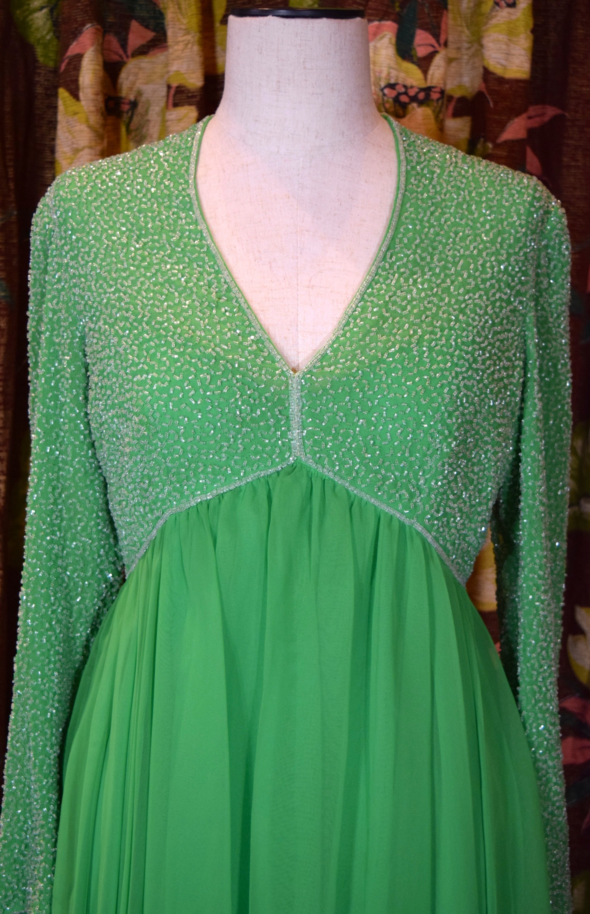 60's Green Chiffon Formal Dress With Beaded Bodice/long Sleeves - Etsy