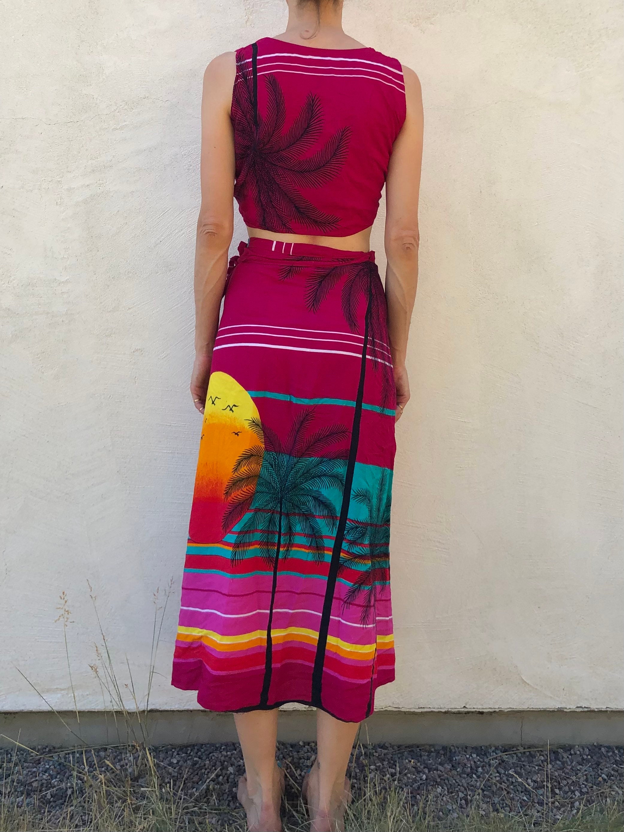 80s Tropical Sunset Tie Front Blouse and Wrap Skirt - Etsy