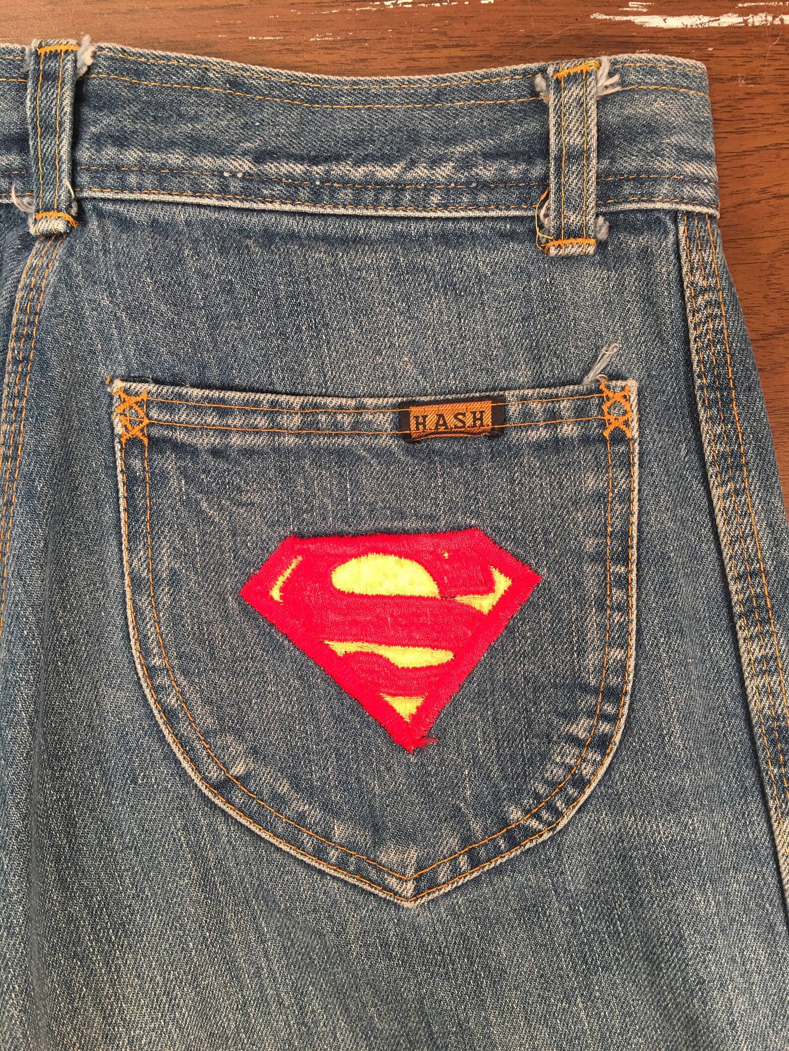 70s Hash Jeans Superman Embroidered Back Pocket Patch Boho Hippy High ...