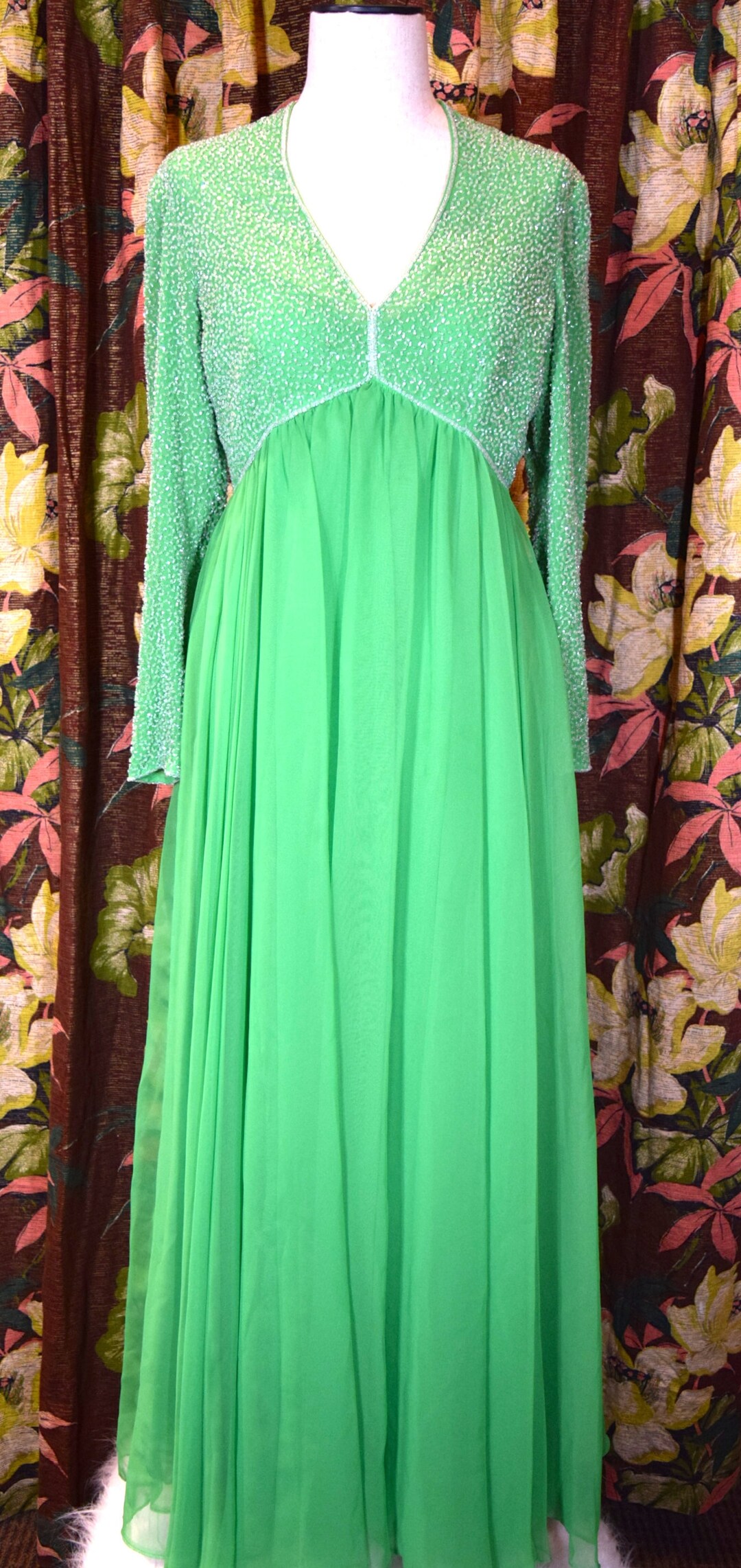 60's Green Chiffon Formal Dress With Beaded Bodice/long Sleeves - Etsy