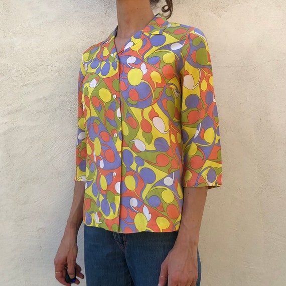 70s Bonnie Day Floral Psychedelic Nylon Button Up Blo… - Gem