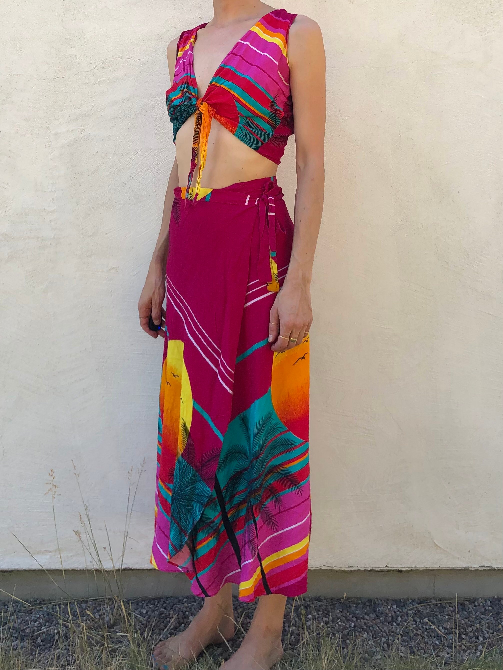80s Tropical Sunset Tie Front Blouse and Wrap Skirt - Etsy