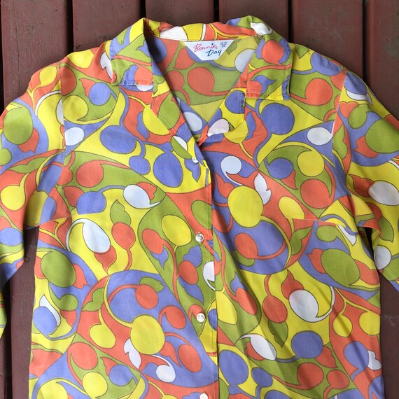 70s Bonnie Day Floral Psychedelic Nylon Button Up Blo… - Gem