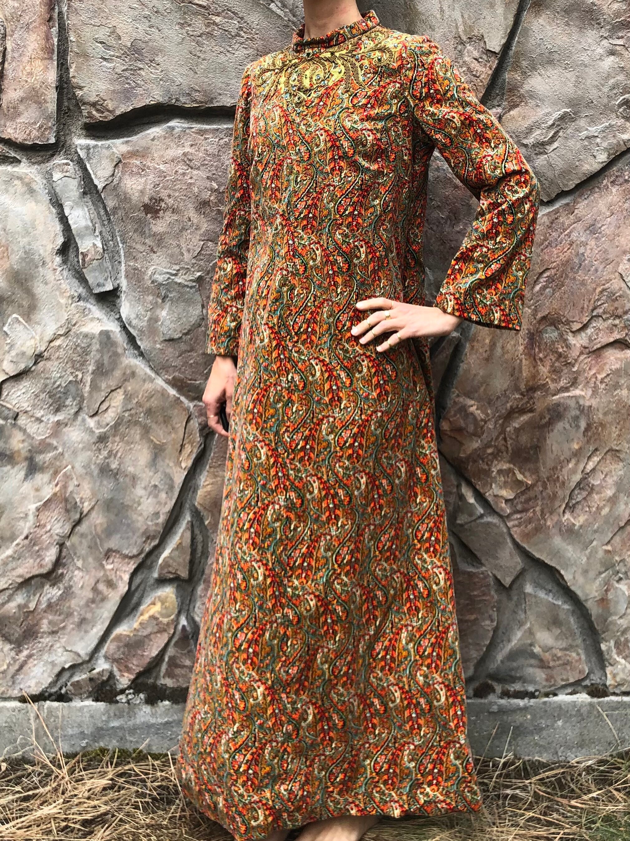 60s Paisley Velvet Gown With Gold Embroidery and Multi Colored Glass ...