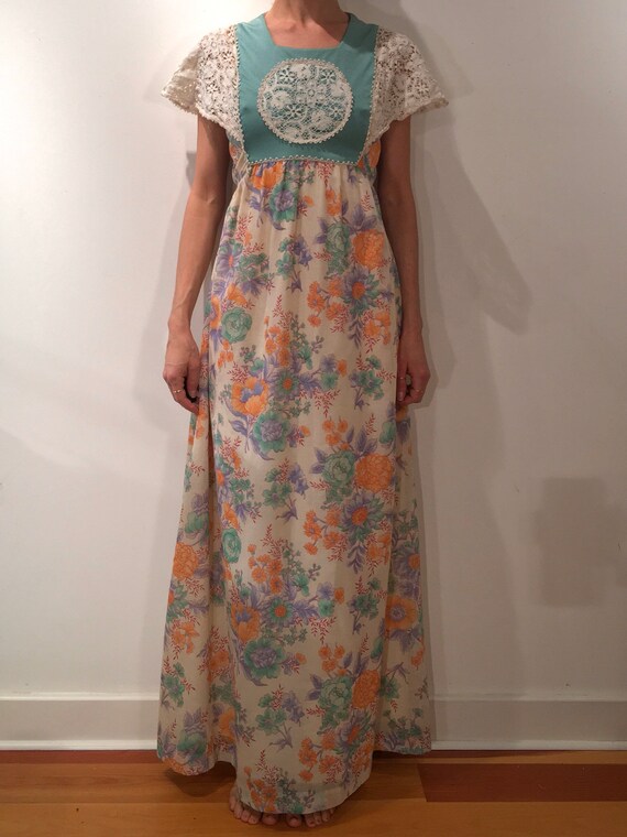 70s Crochet Flutter Sleeve Empire Waist Boho Hippy Ro… - Gem