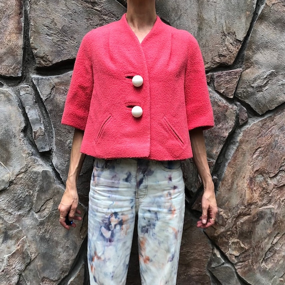 60's Hot Pink Wool Bouclé Cropped Swing Jacket With | Etsy
