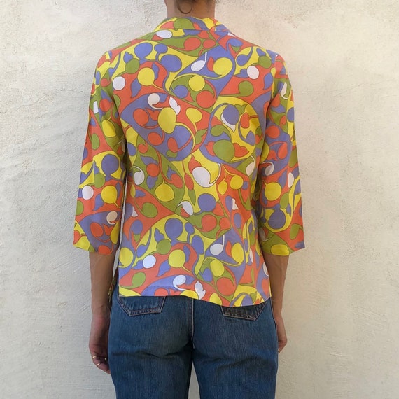 70s Bonnie Day Floral Psychedelic Nylon Button Up Blo… - Gem