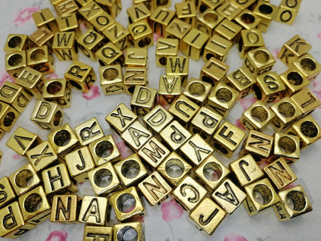 26/100 Pieces 7MM Width Metal Square Cube Alphabet Letter Bead Charm ...
