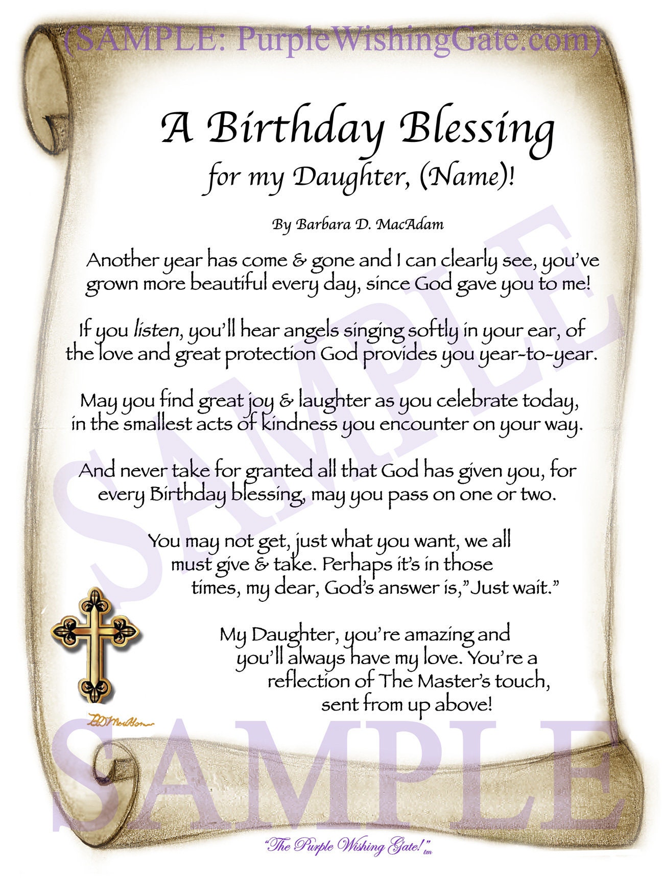 FREE Daughter's Name on Birthday Blessing, 5x7 Frameable Birthday Card ...