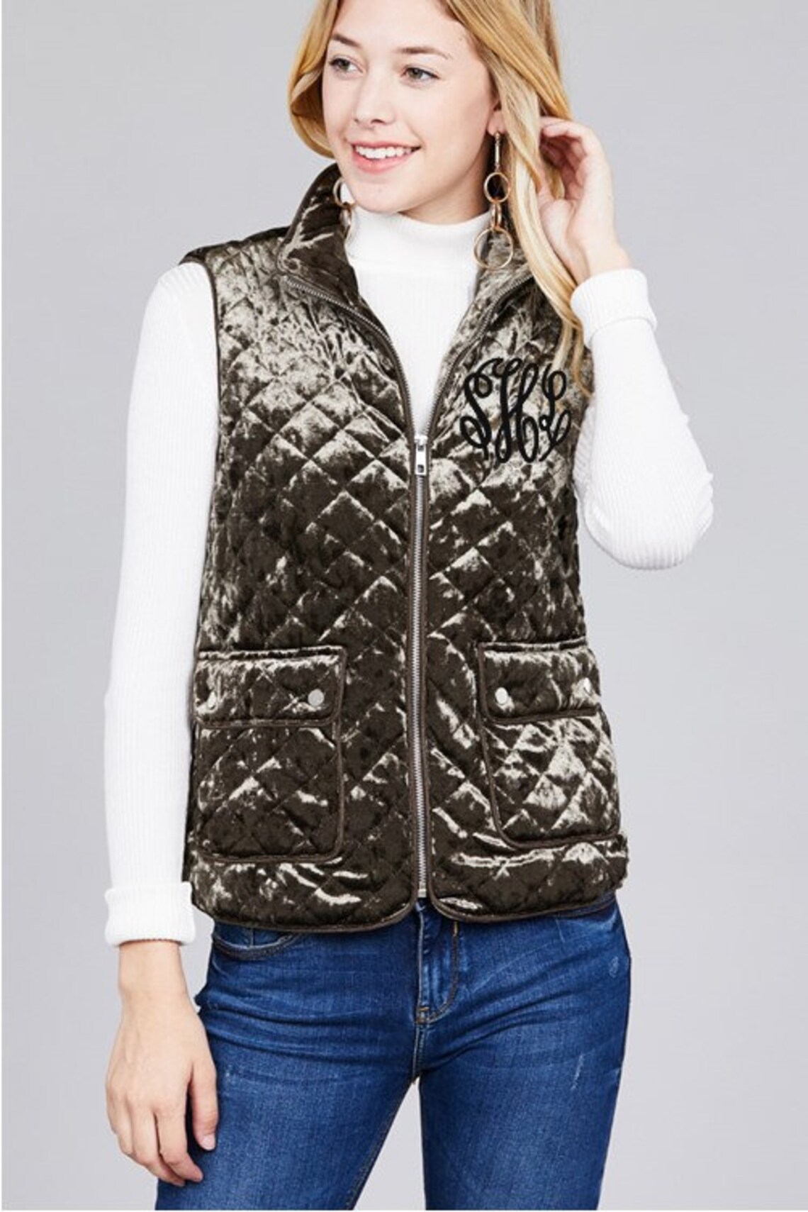Velvet Monogrammed Quilted Vest With Pockets | Etsy