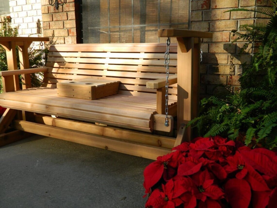 4ft Cedar Glider Swing, Wood Swinging Bench, Outdoor Living Room Love ...