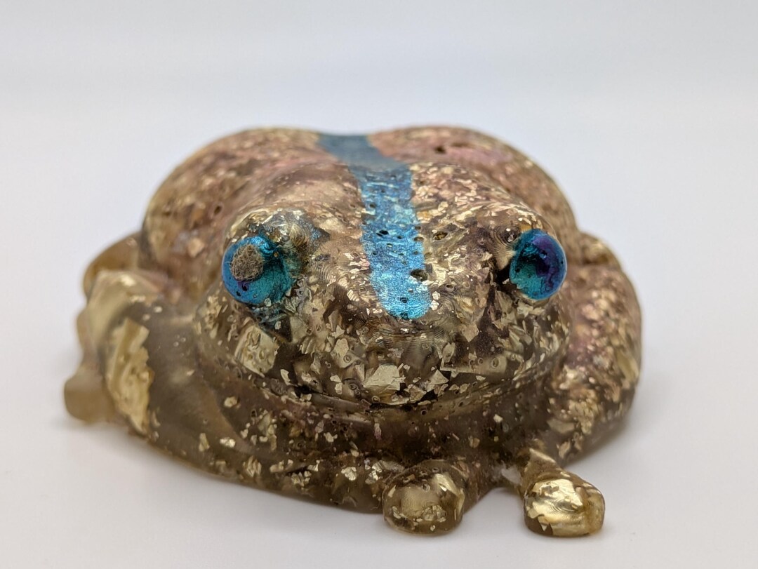 Golden Lucky Frog – 3 in Resin Frog With Teal Racing Stripe & Opal-look ...