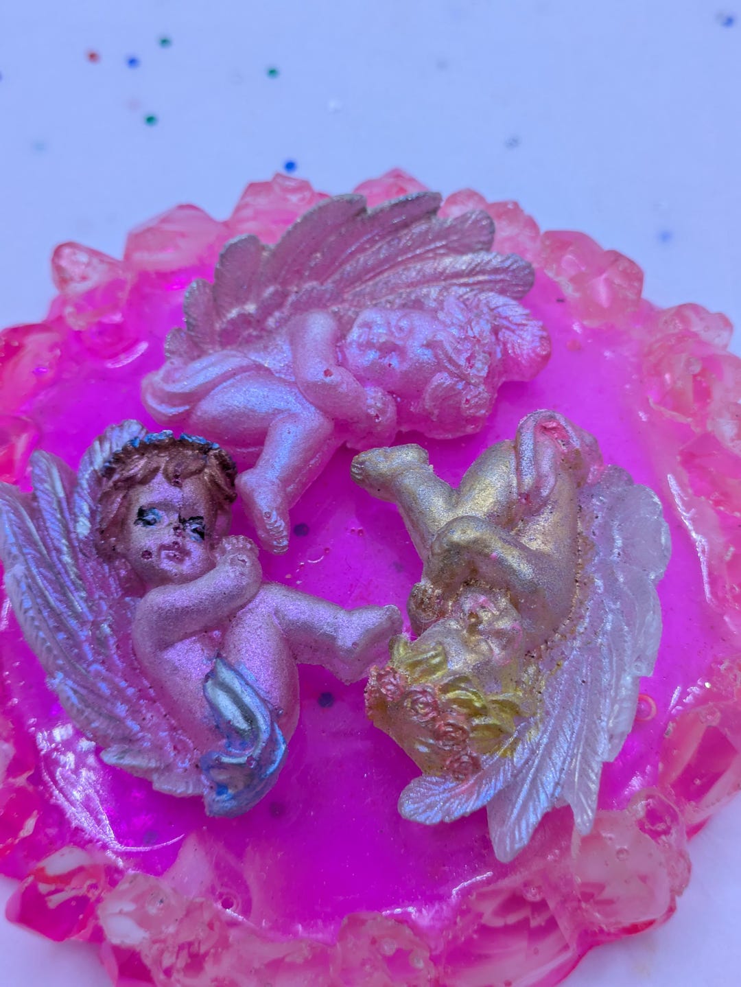 Three Cherubs on a Crystal Bed | Hot Pink Resin Angel Display - Etsy