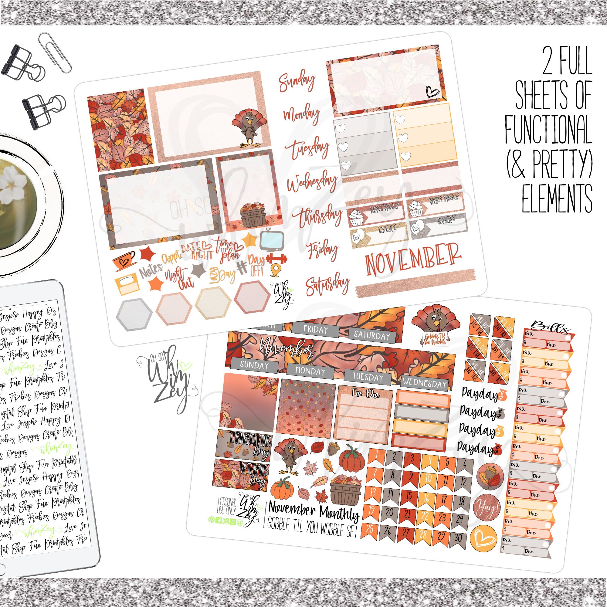 November Monthly Gobble Til You Wobble Planner Sticker Set | Etsy