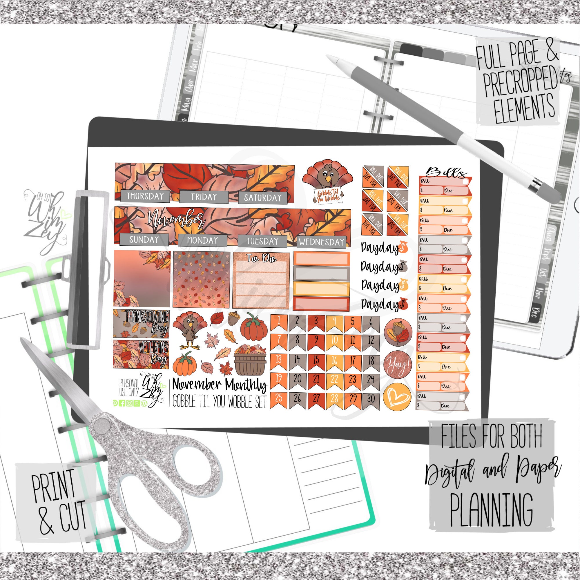 November Monthly Gobble Til You Wobble Planner Sticker Set | Etsy