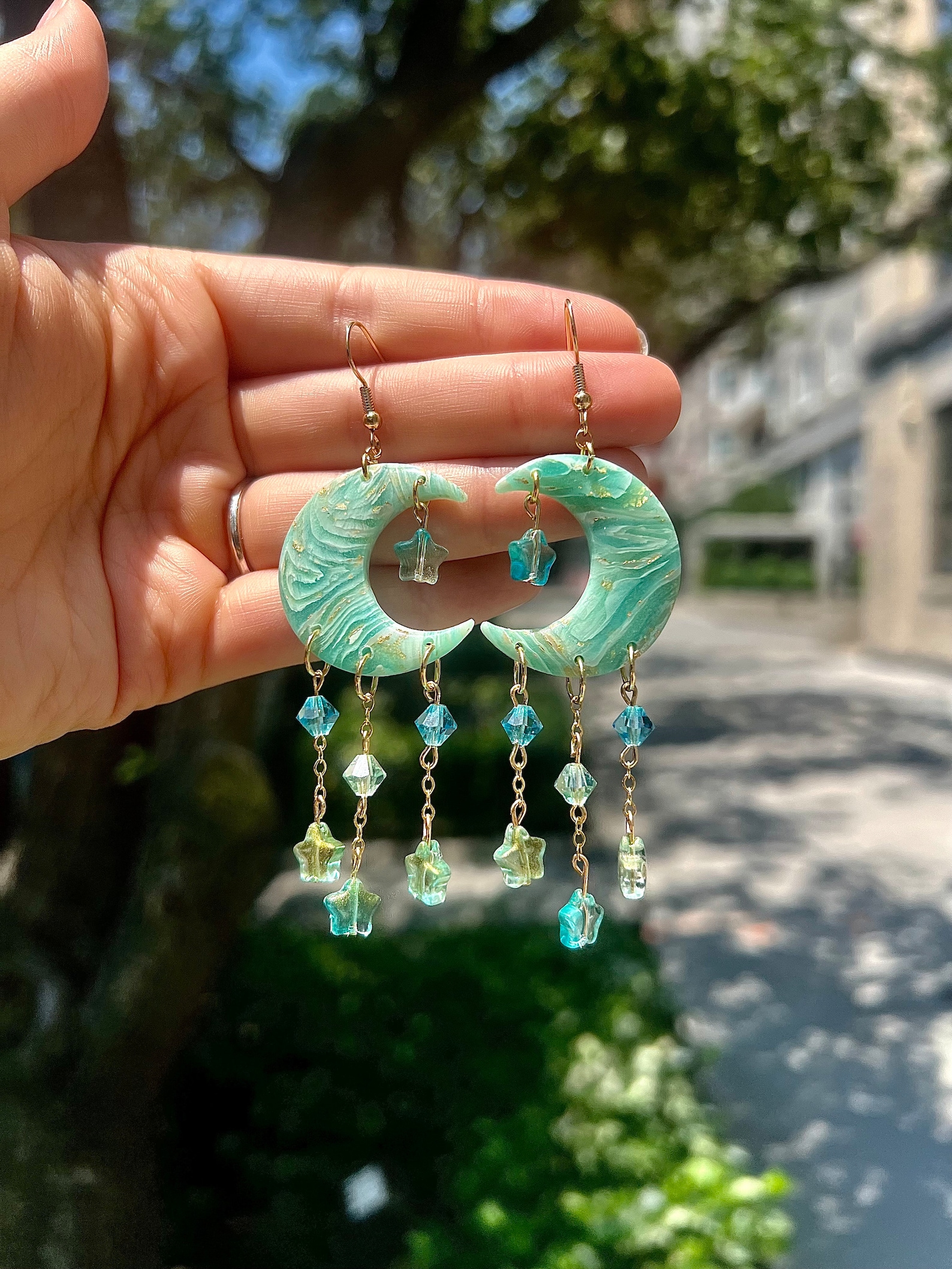 Aquamarine Turquoise and Violet Indigo Moons With Glass Besds and Star ...