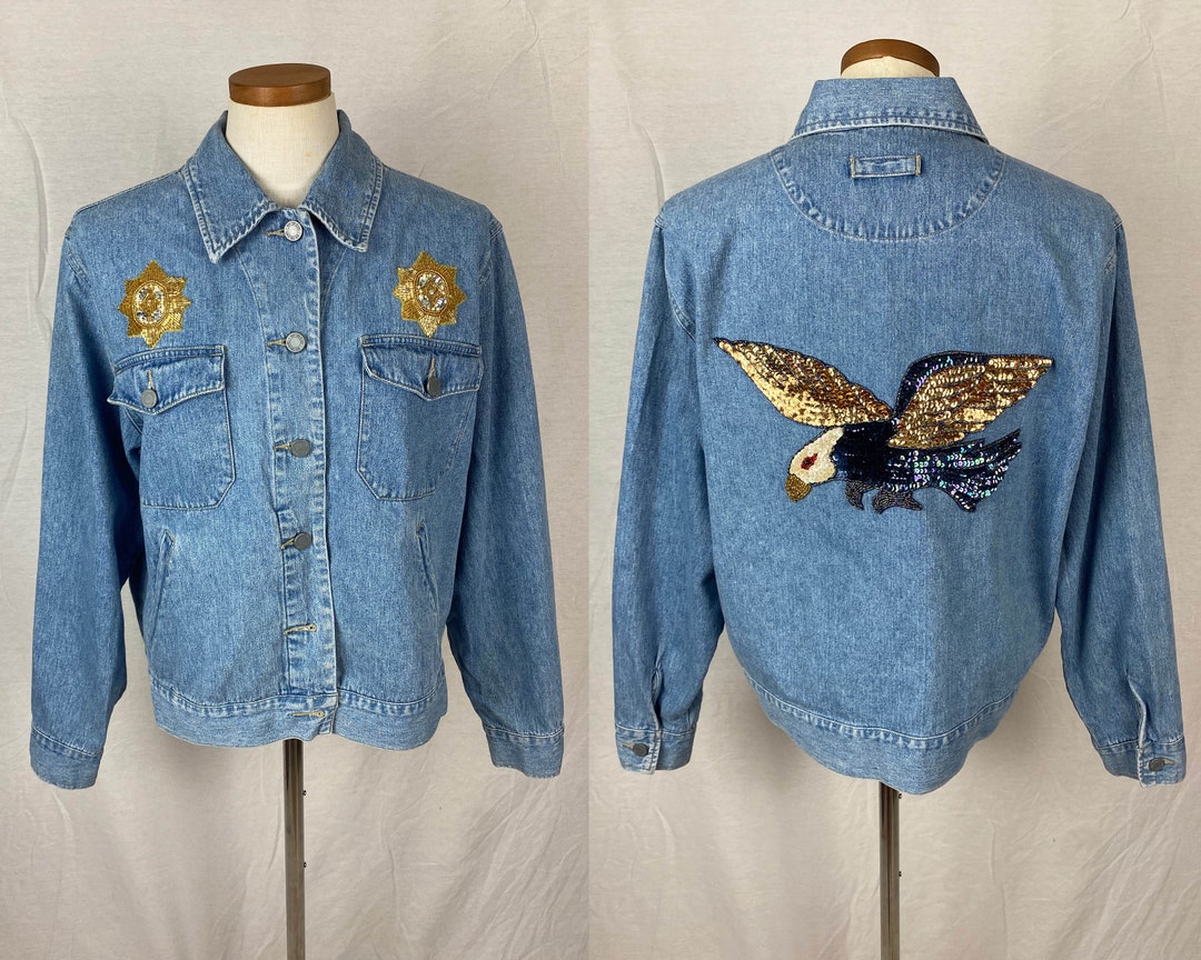 Vintage 1990s Upcycled Jean Jacket // Size Large // 90s Denim Sequin ...