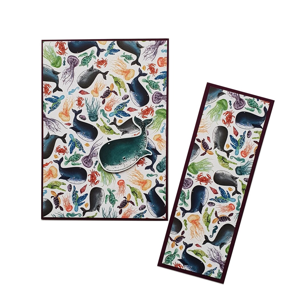 WHALE CARD With Sea Creatures Card and Bookmark Whales and - Etsy