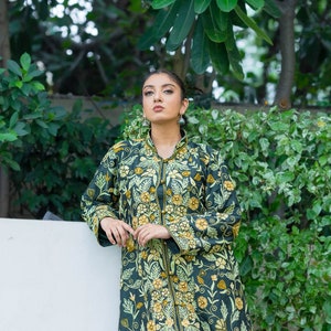 Green Floral Embroidered Long Coat With Hand Cut Daana, Indian Coat ...