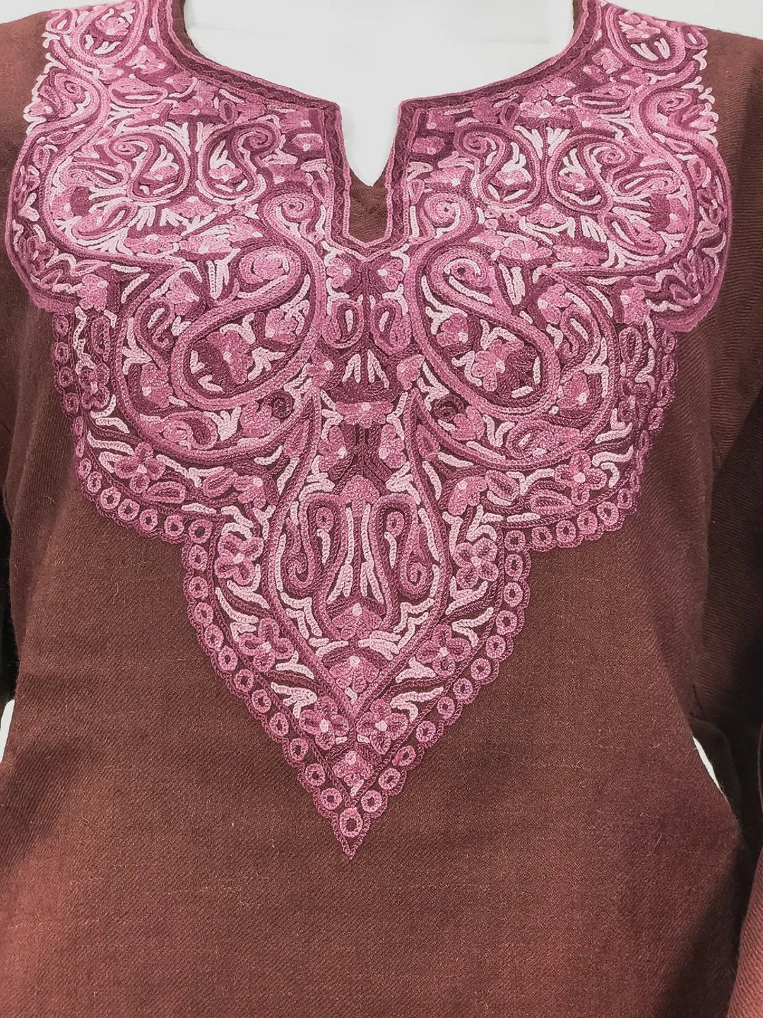 Brown Woollen Phiran With Multi-colour Aari Work, Comfortable Kashmiri ...