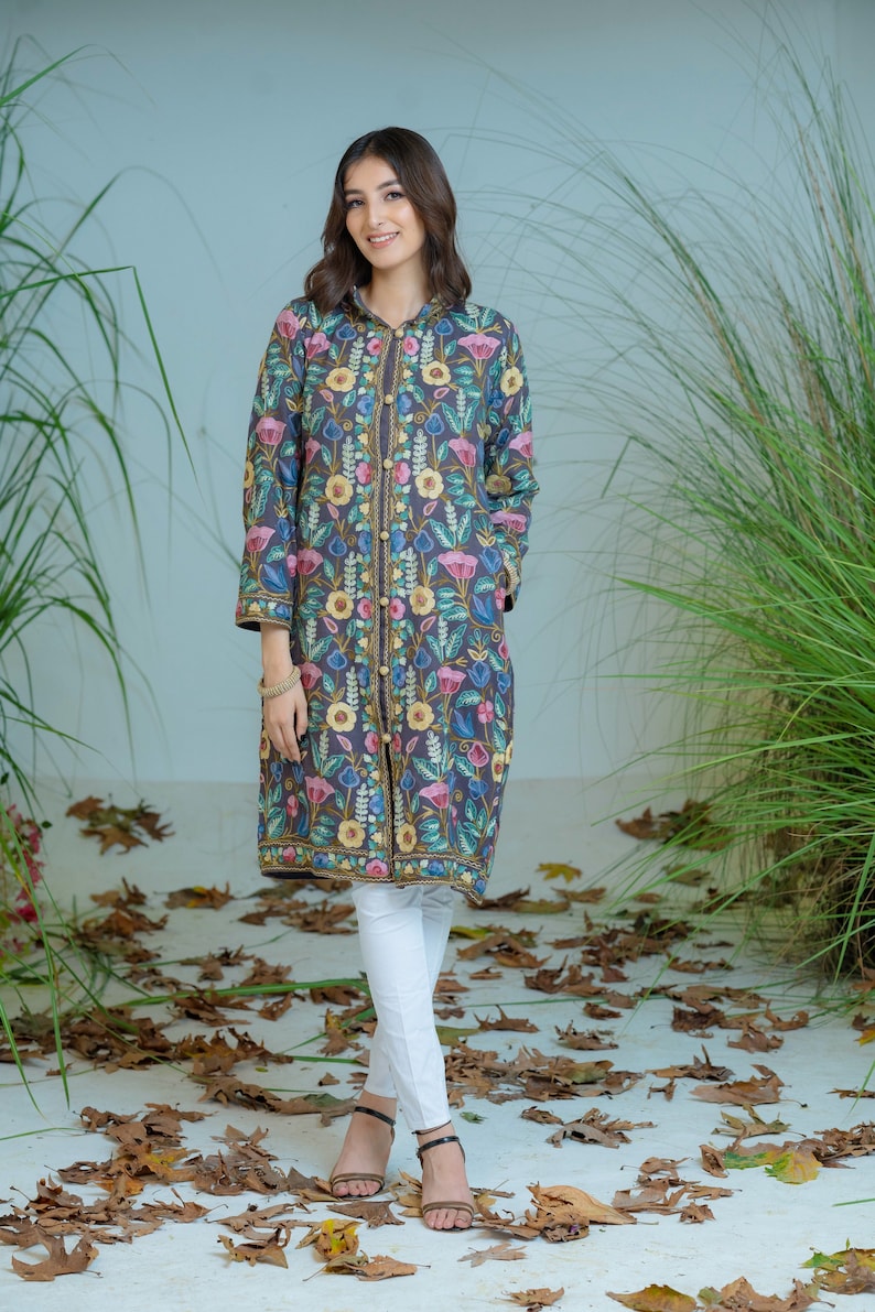 Floral Kashmiri Coat, Embroidered Long Coat, Indian Coat, Traditional ...