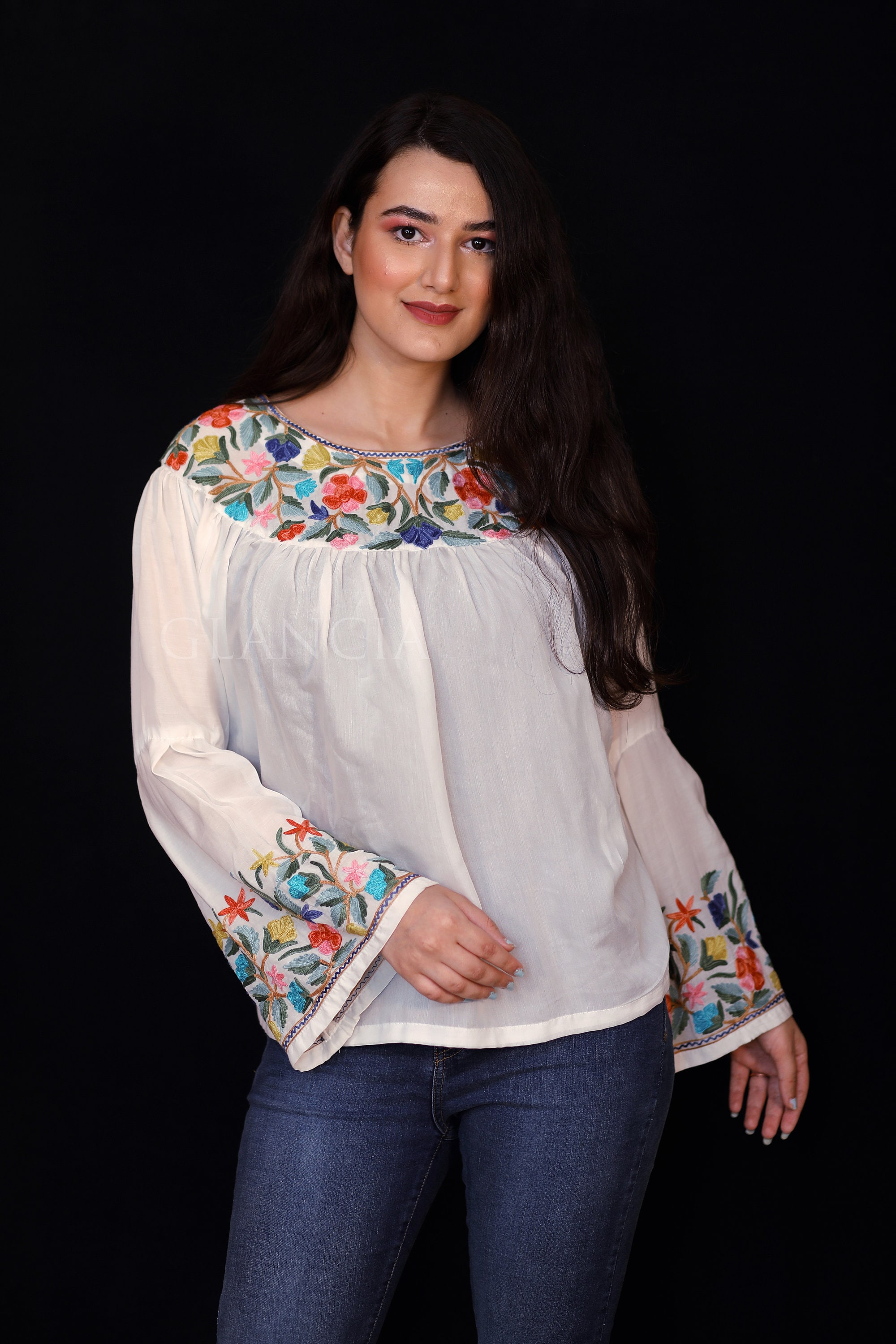 Bell Sleeves Tunic Top With Silk Thread Embroidery, Kashmiri Kurtas ...