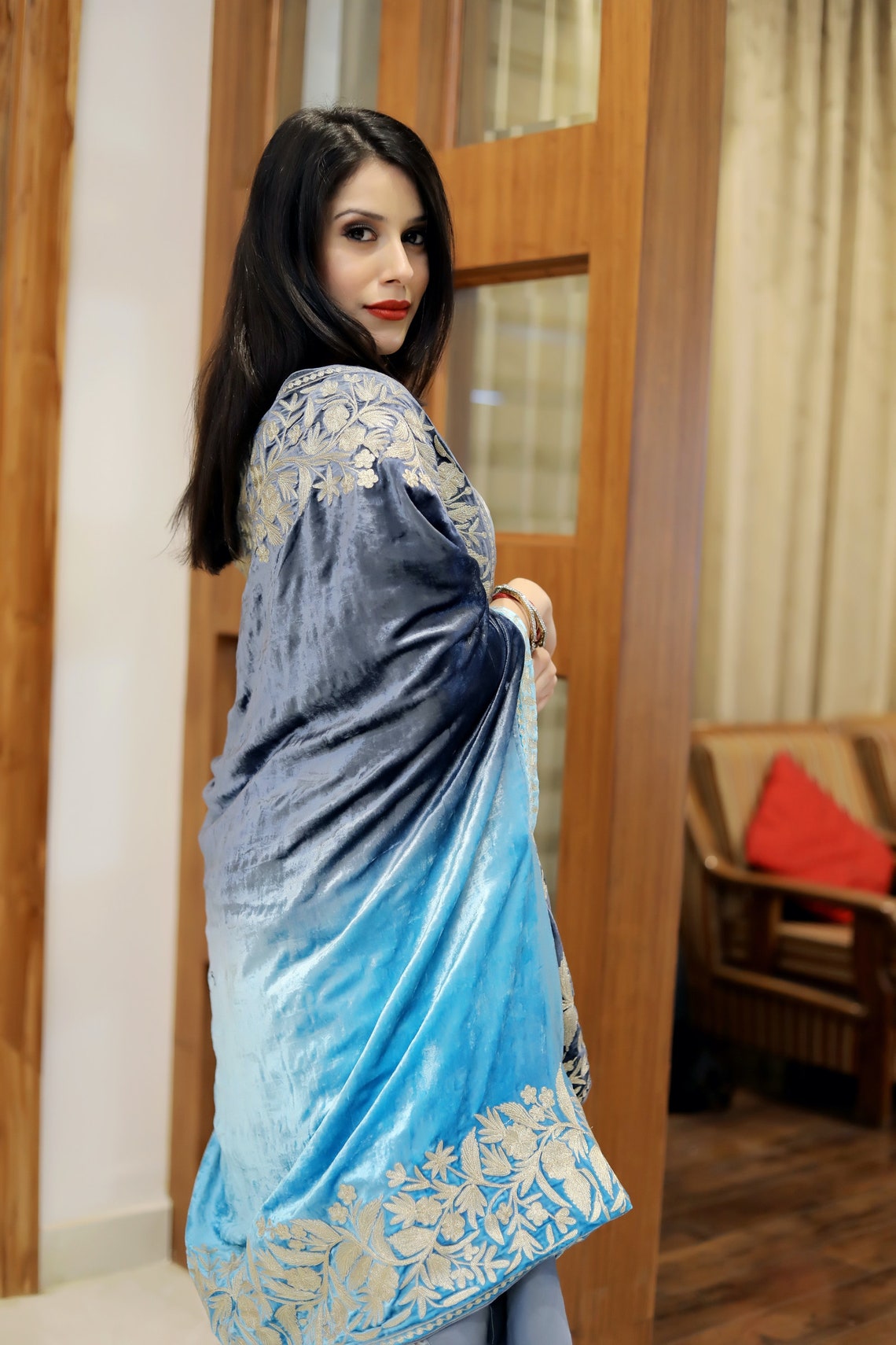 Gloss Velvet Ombre Cape, Royal Kashmir Orni Shawl, Velvet Embroidered ...