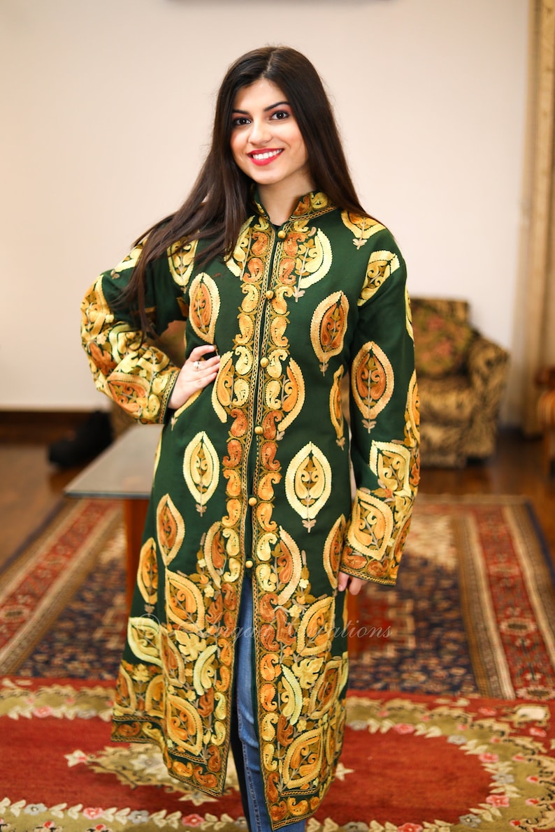 Bottle Green Long Overcoat With Intricate Kashmiri Embroidery for Women ...