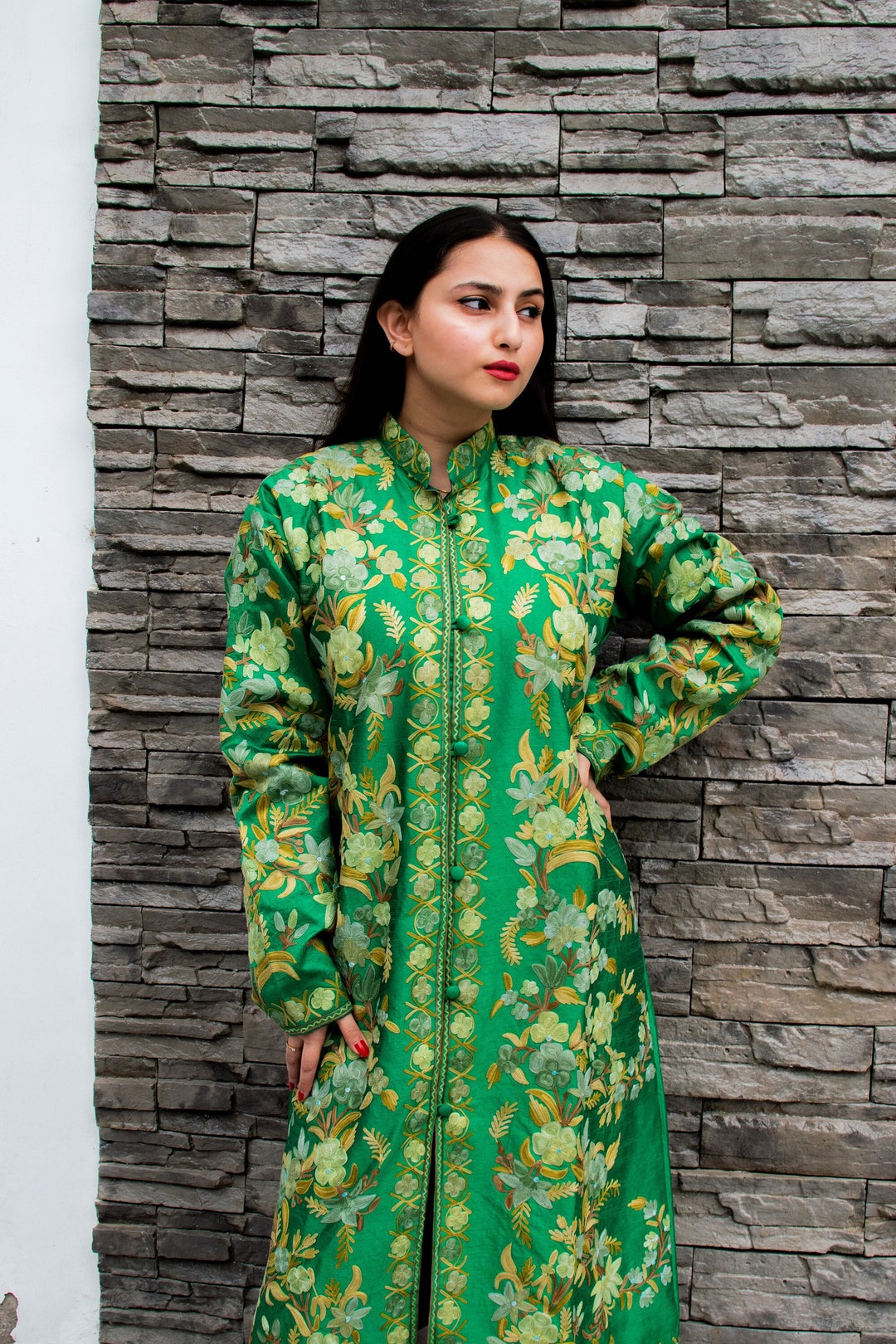 Green Long Jacket, Embroidered Coat for Woman, Kashmiri Coats, Hippie ...