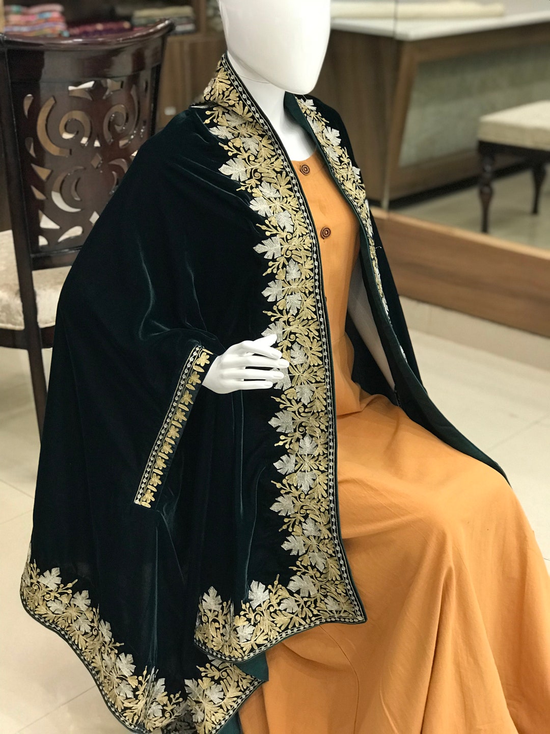 Kashmiri Shawl, Velvet Cape, Green Formal Shawl, Embroidered Cape ...