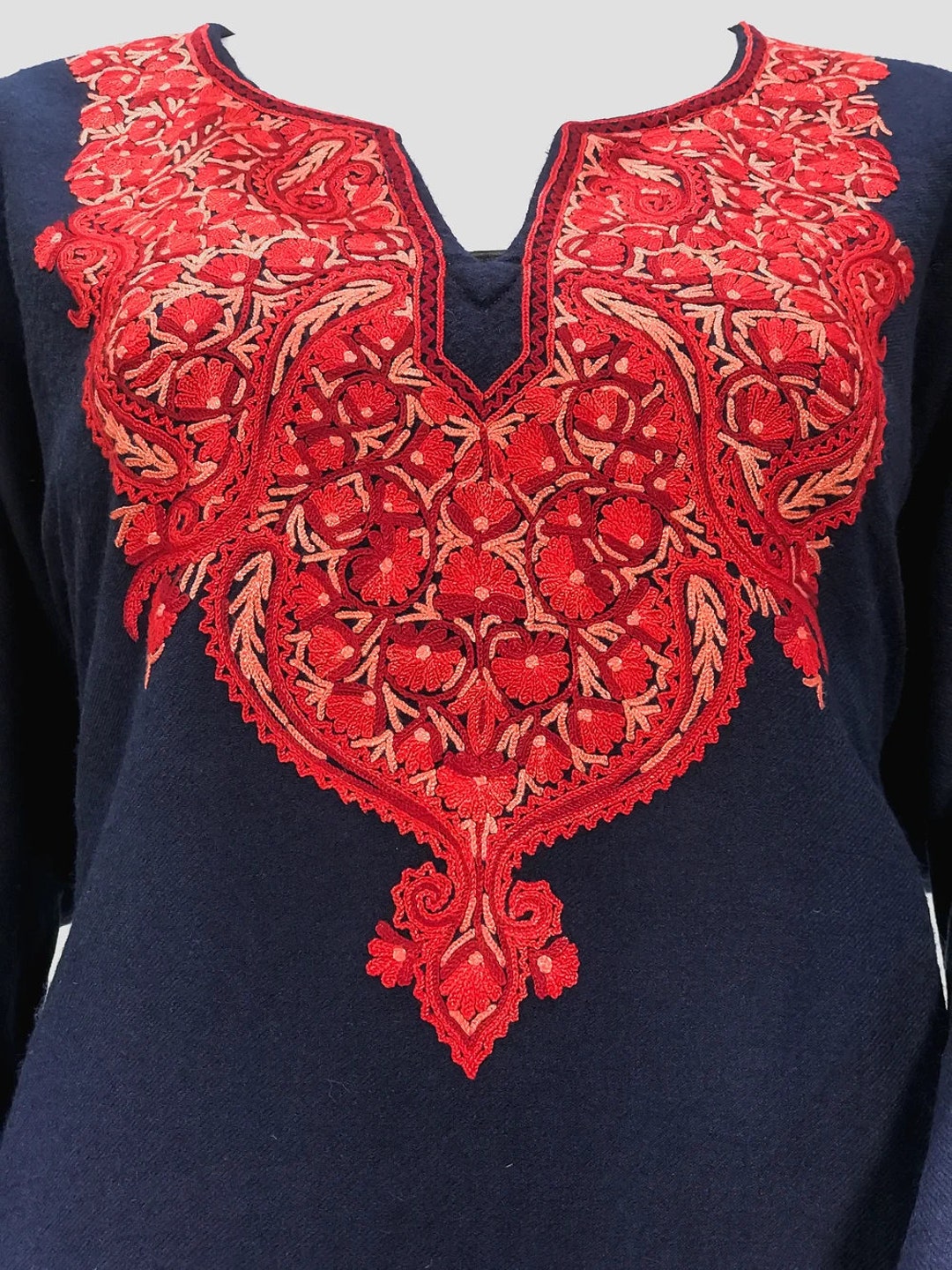 Navy Blue Woollen Phiran With Multi-colour Aari Work, Comfortable ...