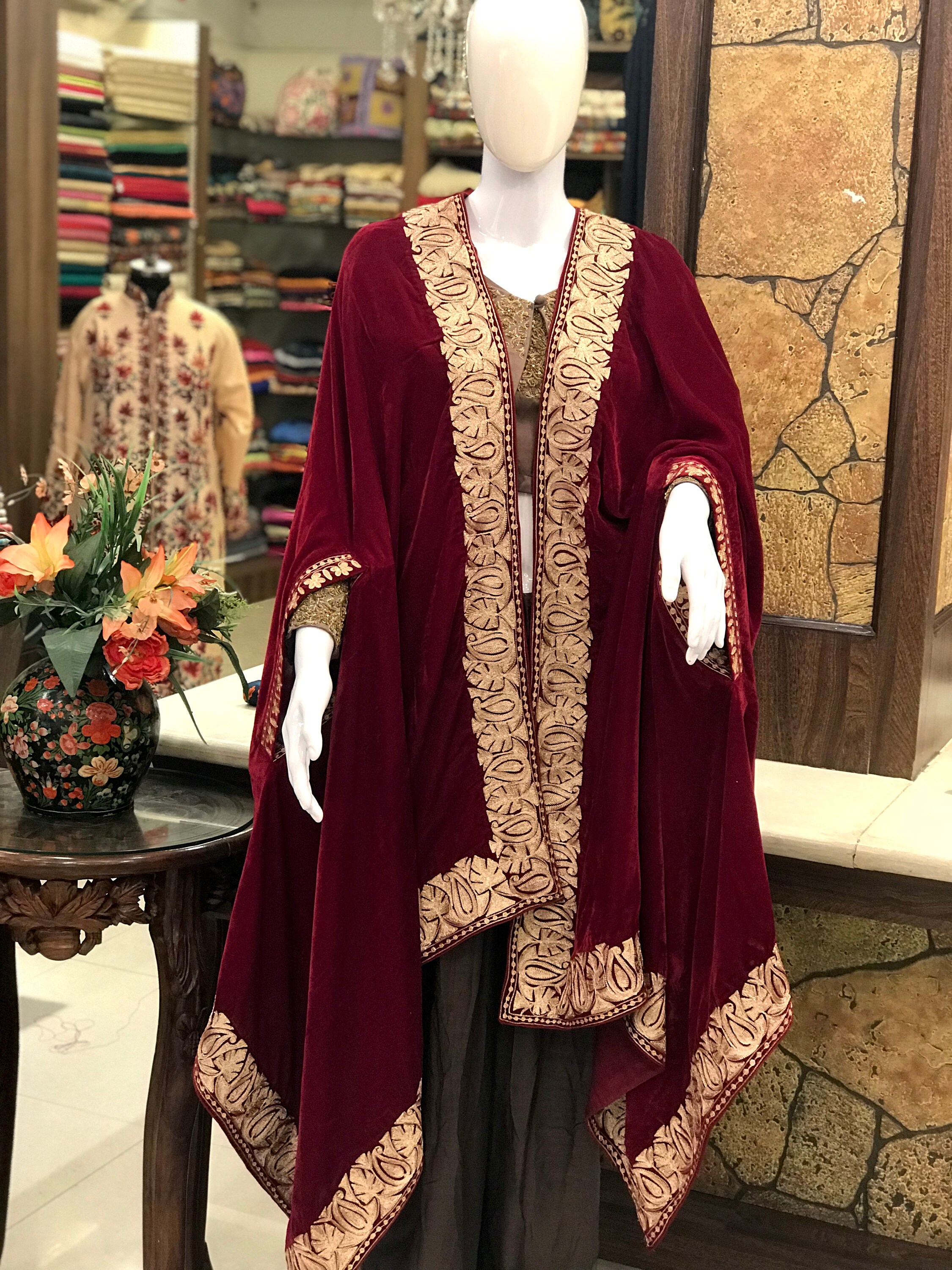 Maroon Velvet Cape, Royal Kashmir Orni, Woman Shawl, Maroon Velvet ...