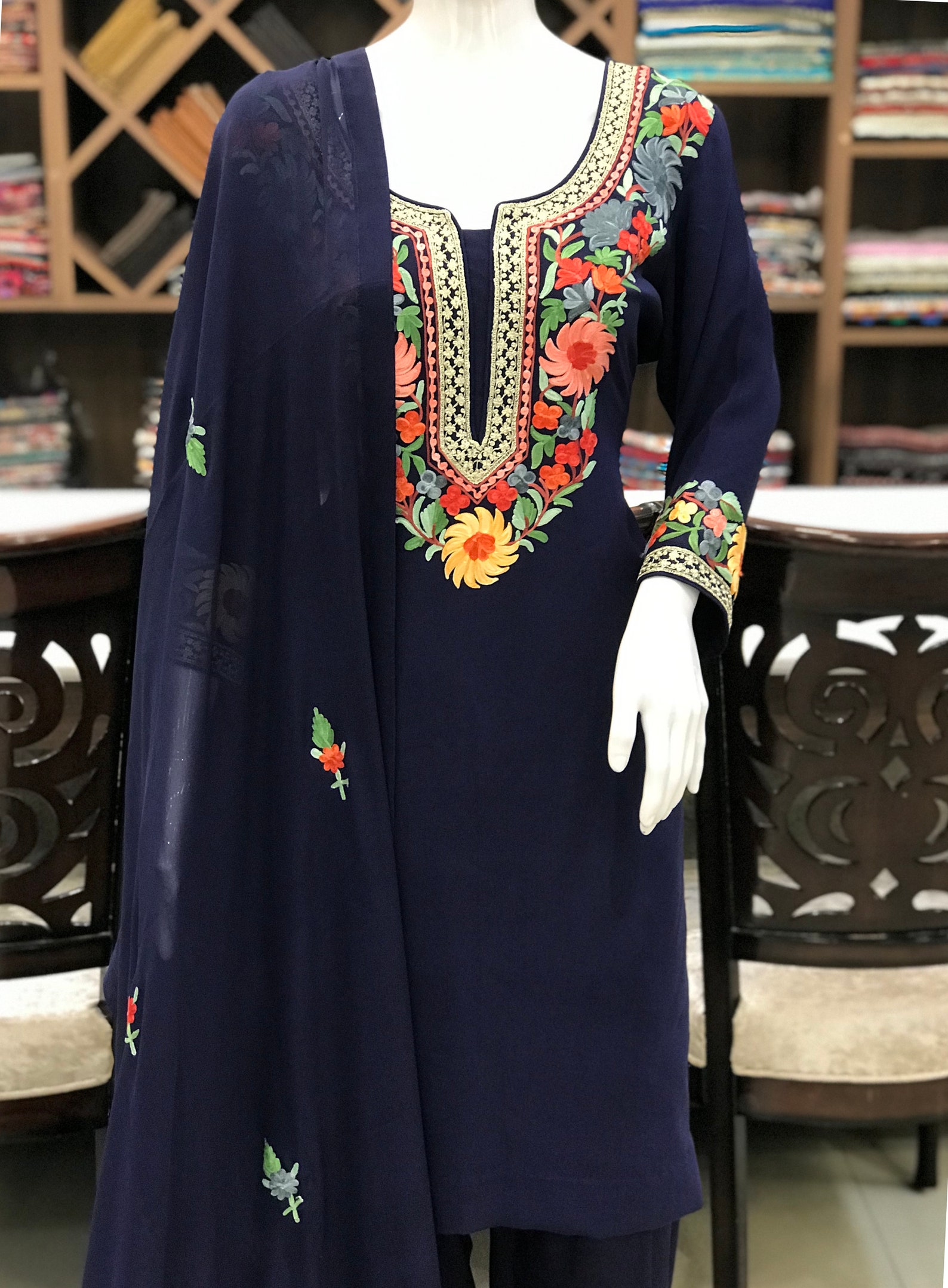 Navy Blue Kashmiri Floral Embroidery Dress Zari & Aari Fusion | Etsy