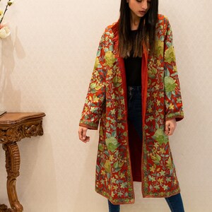 Red Long Coat With Green Floral Embroidery, Kashmiri Jacket ...
