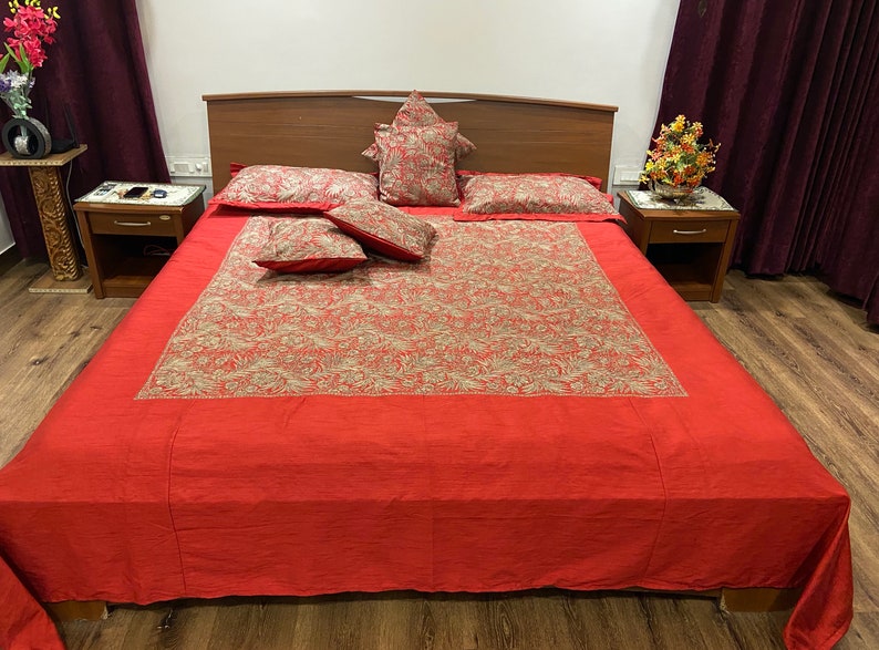 Red Raw Silk Bed Cover With Silk Thread Floral Embroidery, Beautiful ...