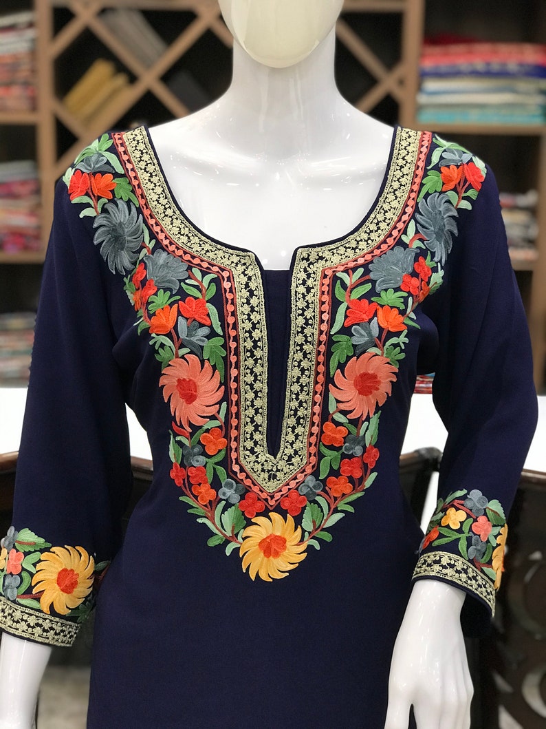 Navy Blue Kashmiri Floral Embroidery Dress Zari & Aari Fusion - Etsy