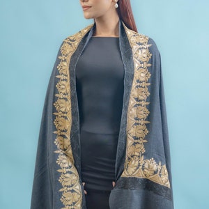 Melange Ash Grey Pure Wool Shawl With Tilla & Aari Embroidery, Kashmiri ...