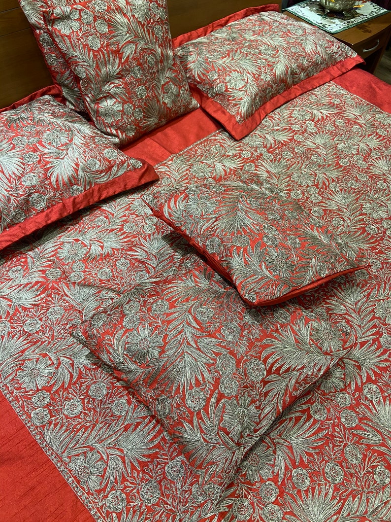 Red Raw Silk Bed Cover With Silk Thread Floral Embroidery, Beautiful ...