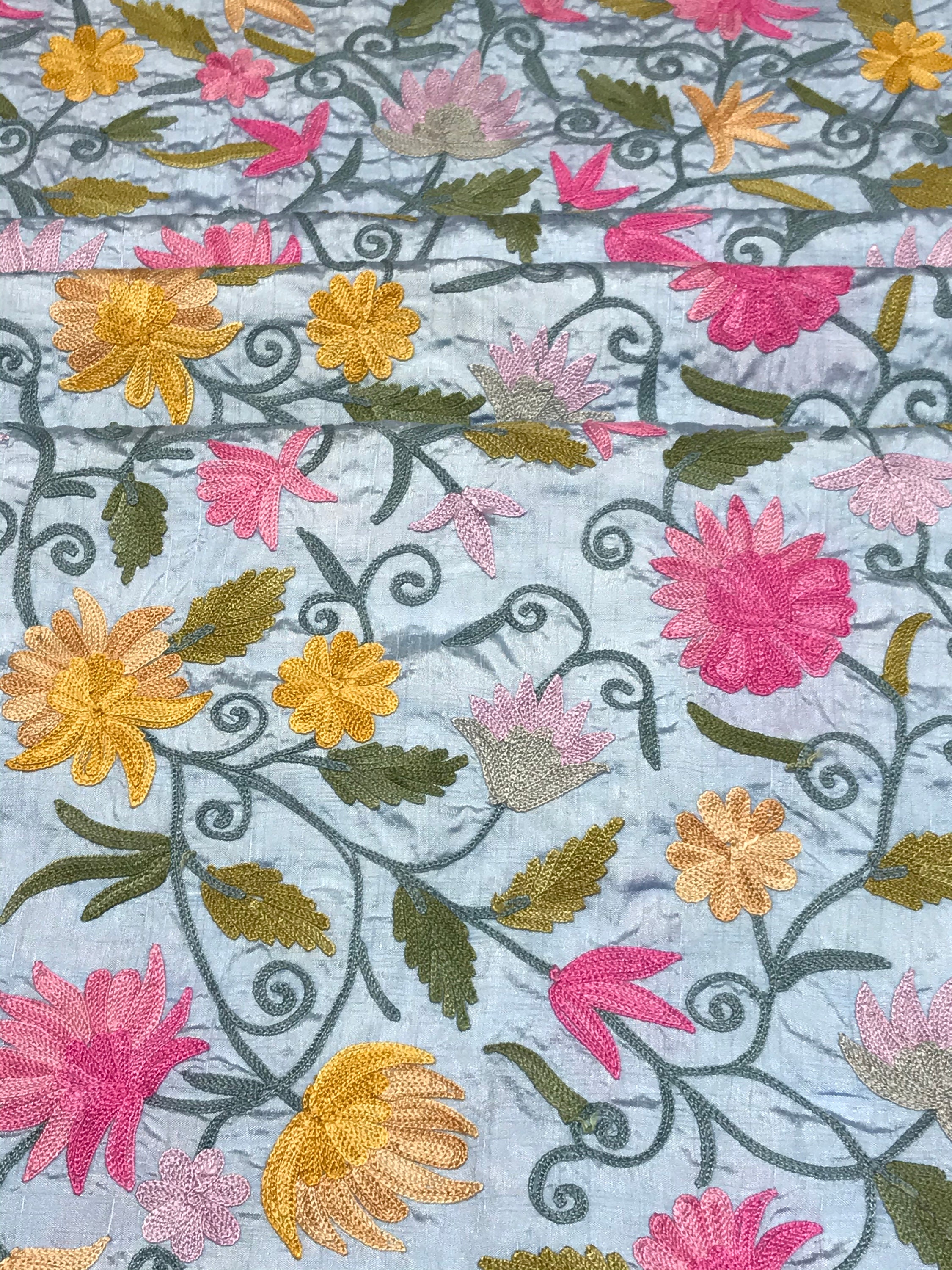 Kashmiri Floral Embroidered Raw Silk Running Fabric, Running Length ...
