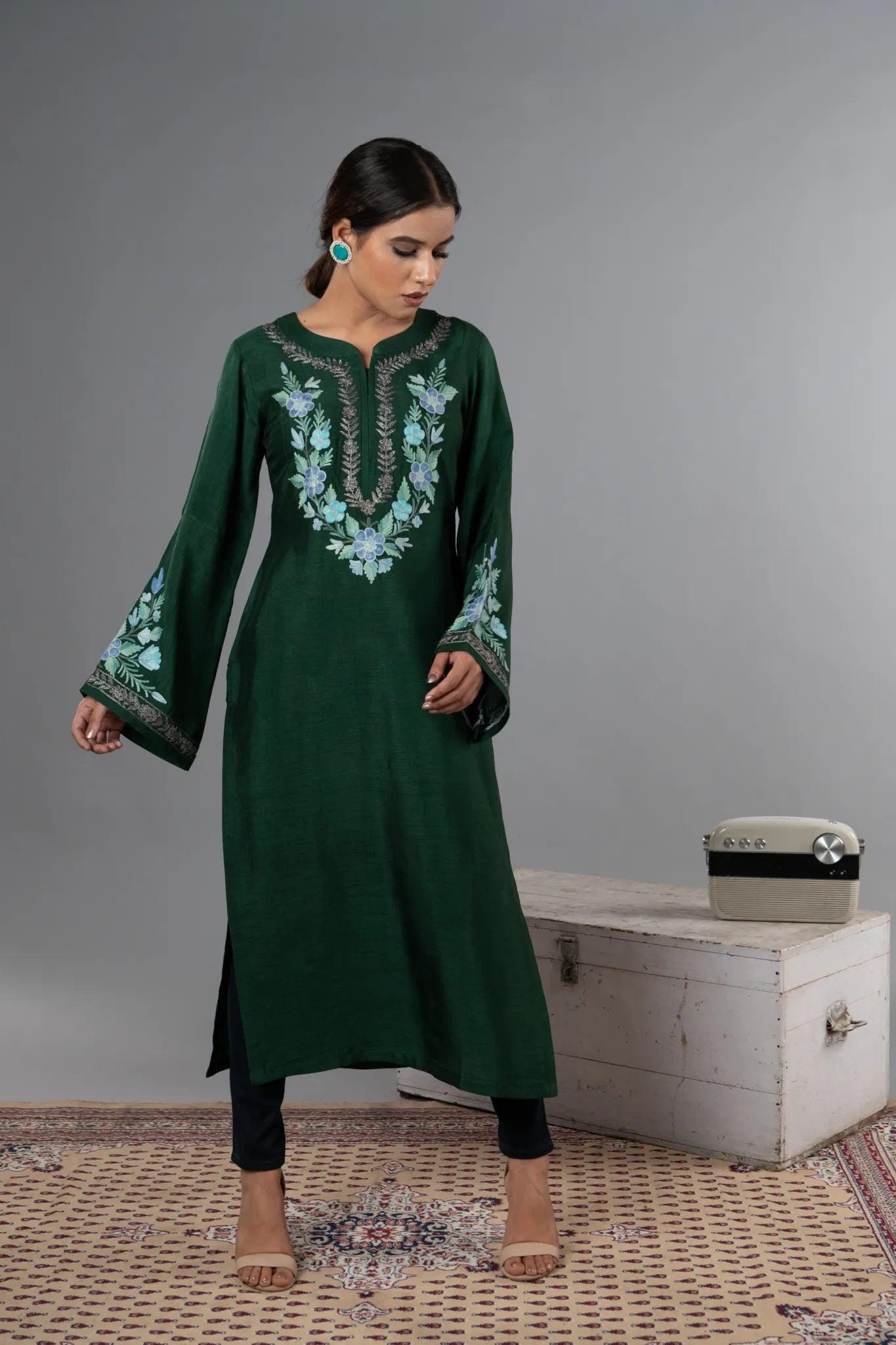 Naazneen - Raw Silk Kurta With Multi-color Neck, Embroidered Cotton ...